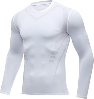 Generic T-shirt de course &agrave; manches longues pour homme - Col rond - V&ecirc;tement de sport - T-shirt l&eacute;ger - Coupe musculaire - Stretch - Fitness, Blanc., XXL