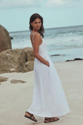 Next Maxikleid Gerafftes Maxi-Tr&auml;gerkleid mit eckigem Ausschnitt (1-tlg)