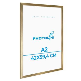 Photolini Bilderrahmen A2 Holz MDF Gold, Picture Frame Rahmen 42x59,4 mit bruchsicherem Acrylglas, DIN A2 Bilderrahmen 42x60 zum Aufhängen, mit Zubehör - A 2 Fr