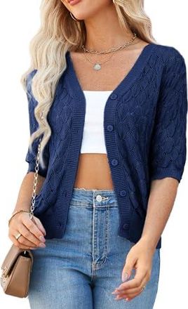 Grace Karin Cardigan Vintage à Manches Courtes pour Femmes Cardigan Creux CL2656 Bleu de mer M