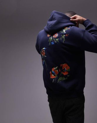 Topman x Alice Hartley - Oversize-Kapuzenpullover in Marineblau mit Blumenstickerei auf Vorder- und R&uuml;ckseite