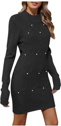 Generic Robe en tricot &agrave; manches longues et col rond pour femme - Automne et hiver - Avec d&eacute;tails en perles et jupe envelopp&eacute;e, Noir, XL