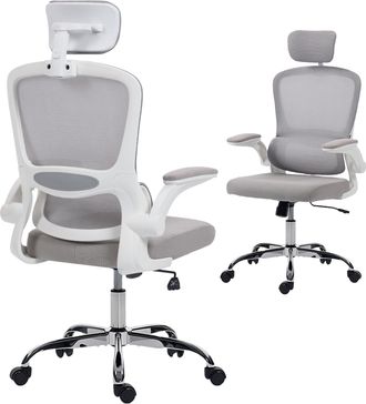 HOMCOM Ergonomischer Bürostuhl, High Back Mesh Computer-Schreibtisch Stuhl mit verstellbarer Kopfstütze und Lendenwirbelstütze, Flip-up Armlehnen für Home Of