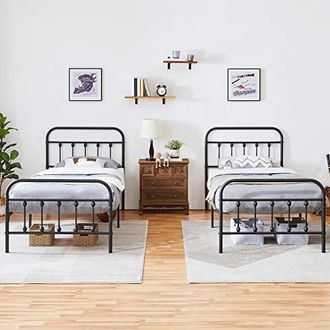 Yaheetech Lot de 2 Cadres de Lits Modernes en m&eacute;tal pour lit Simple, T&ecirc;te de Lits en Fer avec sommier &agrave; Lattes, lit dinvit&eacute; Moderne, 1 Place, Noir 90 x 200 cm