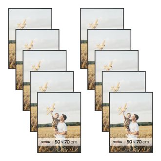 Woltu Bilderrahmen 50x70 cm, 10 Set, Fotorahmen Schwarz, Aluminium, mit Passepartout, zum vertikalen oder horizontalen Aufhängen/Aufstellen, für Fotos, Bild