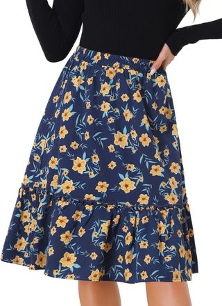 Allegra K Damen Sommer R&uuml;schen Rock Saum Blumen A-Linie Hohe Taille Knielang Midirock Dunkelblau L