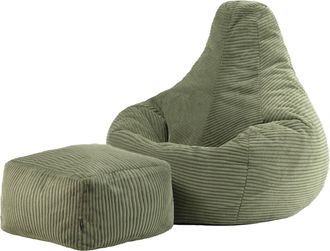 Icon Brand Dalton Sitzsack mit Hocker Cord, Salbeigr&uuml;n, Gaming Sitzsack Erwachsene mit F&uuml;llung, Bean Bag, Cord Sessel, Lounge Sessel, Lounge Stuhl, Schlafzimmer,