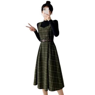 Generico Robe Midi &agrave; carreaux Sans Manches Femmes Col Rond Boucl&eacute; Vintage Tablier Carnaval Robe Elegance Casual Chic Chaud Midi Robe Tartan Sans Manches Femmes