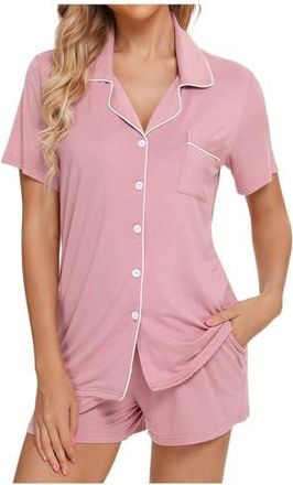 Generic Ensemble de pyjama à manches courtes pour femmes, vêtements de nuit boutonnés, short doux, ensemble de vêtements de maison 2026, rose clair, XXL