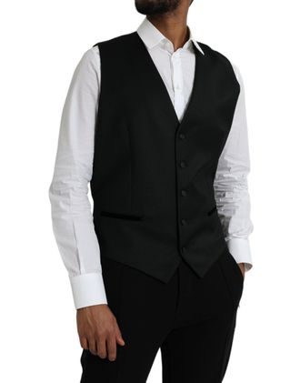 Dolce & Gabbana Mens Black Silk Waistcoat Dress Formal Vest Wool Polyester Cotton