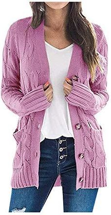 Generic Veste mi-saison &eacute;l&eacute;gante en tricot &eacute;pais pour femme - Cardigan long avec poches et boutons - Col en V - &Eacute;l&eacute;gant - Manches longues - Veste de transitio