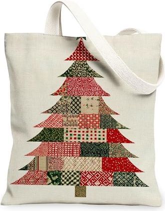 Generic Sacs fourre-tout en toile motif sapin de No&euml;l, sacs d&eacute;picerie r&eacute;utilisables, vintage, l&eacute;gers, lavables, Rouge, 13x15 Inch
