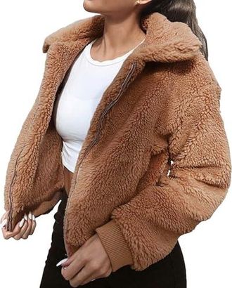 Generic Manteau en fausse fourrure pour femme, court, d&eacute;contract&eacute;, avec poches, chaud, fermeture &eacute;clair, v&ecirc;tement dext&eacute;rieur moelleux pour lhiver