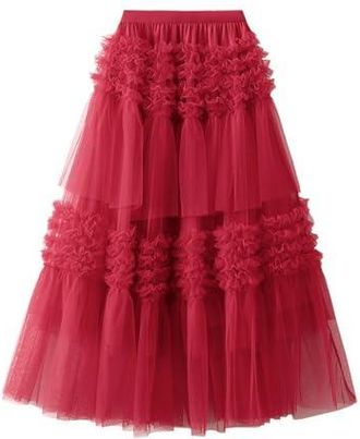 Generic Jupe Tulle Femme Tutu Jupe Jupes Femme Printemps 2025 Style F&eacute;e - Longue R&eacute;tro en Dentelle Superpos&eacute;e avec Grand Volume pour Look Romantique