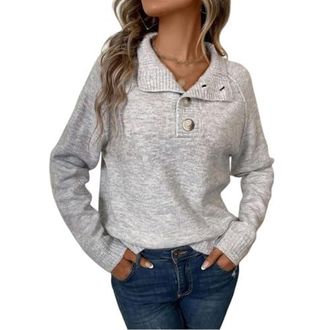 Generic Pull à col montant boutonné en tricot torsadé pour femme, pull ample tendance, doux, respirant et léger, gris, XL