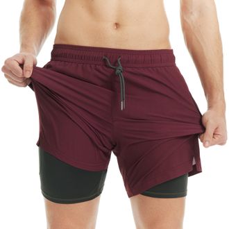 Maamgic 2 in 1 Badehose f&uuml;r Herren mit Kompression Innenhose | 7 Schnelltrocknend Badeshorts M&auml;nner 4 Way Stretch Boardshorts mit Rei&szlig;verschlusstasche Verstel