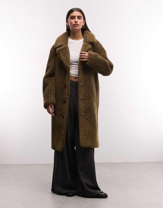 French Connection manteau long en imitation peau de mouton style dad en kaki-Vert