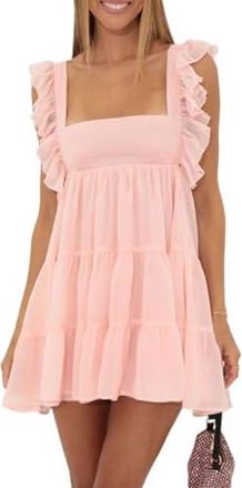 Generic Mini robe nuisette courte d&eacute;t&eacute; pour femme avec col carr&eacute; et manches volant&eacute;es, A - Rose, L