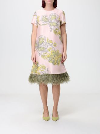 La DoubleJ Robe de soir&eacute;e midi en soie &agrave; imprim&eacute; floral et plumes