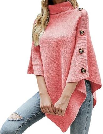 Generic Poncho à col roulé avec boutons pour femme, surdimensionné asymétrique à manches longues 3/4 en tricot épais, pull châle à col haut, rose, Taille uniq