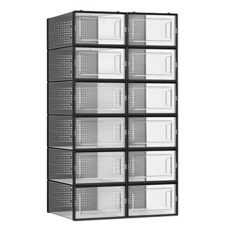 Songmics Schuhboxen, 12er Set, Schuh-Organizer aus Kunststoff, faltbar und stapelbar, f&uuml;r Schuhe bis Gr&ouml;&szlig;e 44, transparent-tintenschwarz LSP006B12