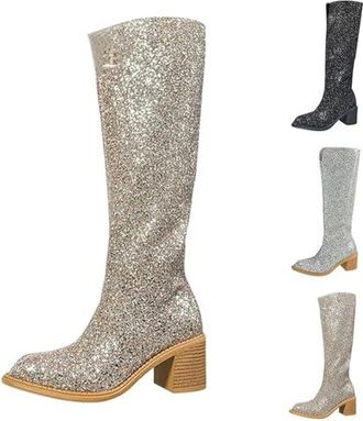 Generic Bottines &agrave; paillettes pour femme avec strass et talons &eacute;pais avec fermeture &eacute;clair lat&eacute;rale, bout rond, talon bloc bas, court, habill&eacute;, confortable, d