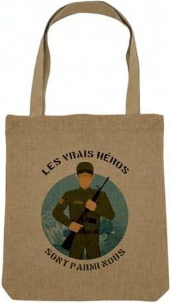Fabulous Sac Shopping Tote Bag Aspect Lin - Les Vrais H&eacute;ros - Militaire M&eacute;tier Sac de Courses Toile Epaisse 360g Beige Naturel Cabas Port&eacute; Epaule Solide Imprim
