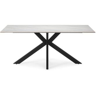 PEGANE Table &agrave; manger, table de repas rectangulaire en c&eacute;ramique coloris blanc, pieds en m&eacute;tal noir - Longueur 180 x Profondeur 90 x Hauteur 76 cm