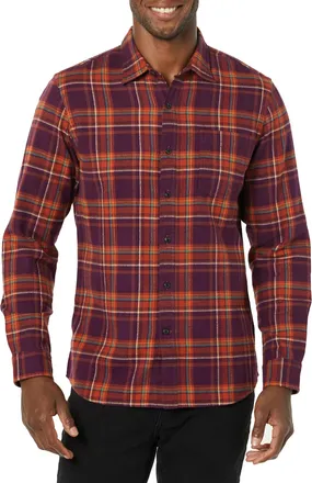 Amazon Essentials Herren Schmal Geschnittenes, Langärmliges Flanellhemd Mit Knopfleiste, Kariert, Burgunderrot Orange Karomuster, L
