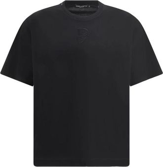 Dolce & Gabbana Homme, Tops, Noir, Taille: XL T-shirt en Coton avec Logo Brod&eacute;