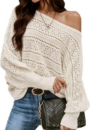 Generic Pull en Maille crochet&eacute;e pour Femme, col Bateau, &eacute;paules d&eacute;nud&eacute;es, Coupe Oversize, Manches Chauve-Souris, Beige, Taille S