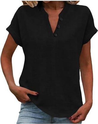 Generic T-shirts en lin pour femme - T-shirt d&eacute;t&eacute; &agrave; manches courtes - Coupe ample - T-shirt d&eacute;contract&eacute; - T-shirt surdimensionn&eacute; pour femme - Chemisier de f&ecirc;t