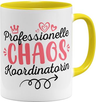 OM3 Professionelle Chaos Koordinatorin Kaffee-Tasse mit Spruch - B&uuml;rotasse B&uuml;ro - Keramik Becher - 325ml - Beidseitig Bedruckt - Gelb