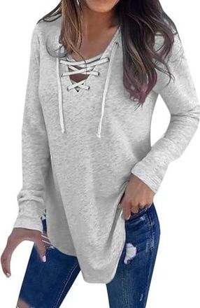 Generic Chemise &agrave; manches longues et col en V pour femme - Tunique d&eacute;contract&eacute;e, ourlet incurv&eacute; avec d&eacute;tails crois&eacute;s, trou pour le pouce pour plus de confort 