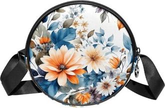 Generic Petit sac &agrave; bandouli&egrave;re circulaire pour femme, motif feuilles florales, sac &agrave; dos avec fermeture &eacute;clair, bretelles r&eacute;glables, sac &agrave; main rond d&eacute;contra