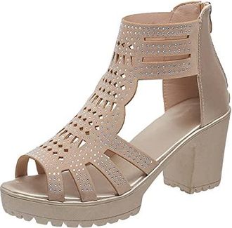 Generic Sandales &agrave; talon carr&eacute; pour femme - Sandales &agrave; bride d&eacute;coup&eacute;e - Bout ouvert - Avec fermeture &eacute;clair - Chaussures de marche confortables - Cadeau pour 