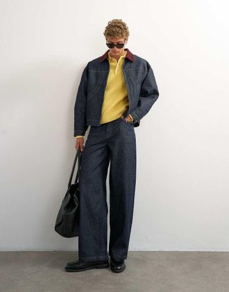 Topman Oversize-Steppjacke aus Denim mit Cordkragen in Raw-Blau