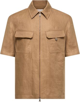 Moncler Moncler Chemise Zipp&eacute;e &Agrave; Manches Courtes En Serg&eacute; De Lin, Homme, Marron, Taille: Xl
