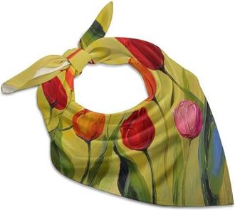 Generic Écharpe carrée en soie avec tulipes rouges, légère, peinture à lhuile, foulards pour cheveux, foulard respirant, cadeau pour homme et femme, multicolo