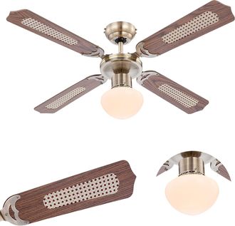 Globo Lighting Deckenventilator mit Beleuchtung Leise Zugschalter Deckenleuchte mit Ventilator (3 Stufen, Deckenlampe, 106 cm, Rechts Links Lauf, Messing)