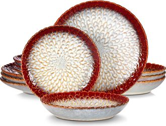 VANCASSO Kombiservice Steinzeug, vancasso CHRYS Tafelservice Set f&uuml;r 4-12 Personen, 12-teiliges Geschirrset mit Flachteller, Suppenteller und Kuchenteller