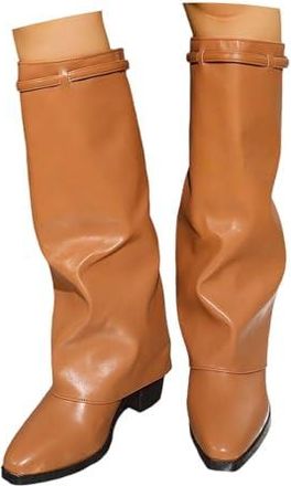 Generic Bottes plates pour femme - Bottes souples mi-mollet à enfiler - En daim - Avec fermeture éclair latérale - Chaussures plates à enfiler - Longueur moll