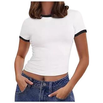 Generic Haut court amincissant tendance pour femme - Bloc de couleurs - T-shirt court ample d&eacute;contract&eacute; &agrave; col rond - Coupe ample - Haut court tendance 2025 - 