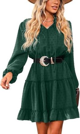 Cupshe Mini robe trapèze à manches longues et col en V avec cordon de serrage pour femme Vert, vert, Taille XL