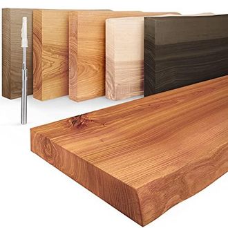 Lamofootwear Manufaktur &Eacute;tag&egrave;re Flottante Murale Bois avec Fixation Invisible | Etagere Murale 80 cm pour Salon, Cuisine, Bureau | Couleur: fonc&eacute;, Bord: Naturel | 