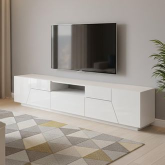 Dmora TV-Schrank Jacopo, niedriges Wohnzimmer-Sideboard, Fernsehst&auml;nder-Basis, 100 % Made in Italy, 220 x 43 x 46 cm, gl&auml;nzendes Wei&szlig;