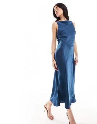 Asos Satin-Midikleid in Dunkelblau mit eckigem Ausschnitt und Wasserfalldetail auf der R&uuml;ckseite-Bunt