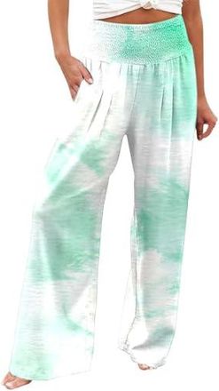 Generic Pantalon en coton et lin pour femme - Jambe large - Pantalon de plage d&eacute;t&eacute; confortable - Pantalon de yoga Palazzo - XIYU26091, vert clair, 3XL