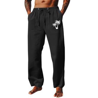 Generic Pantalon de plage pour homme en lin imprim&eacute; cocotier - Taille &eacute;lastique - Cordon de serrage - Jambe droite - Coupe ample - Couleur unie - Pantalon de 