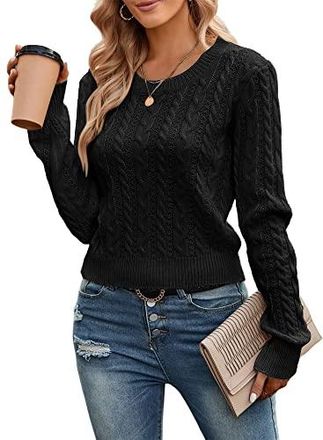 Zaful Pull en tricot torsadé uni pour femme - Pull décontracté à manches longues - Col rond - Haut tricoté, 1 - Noir., S